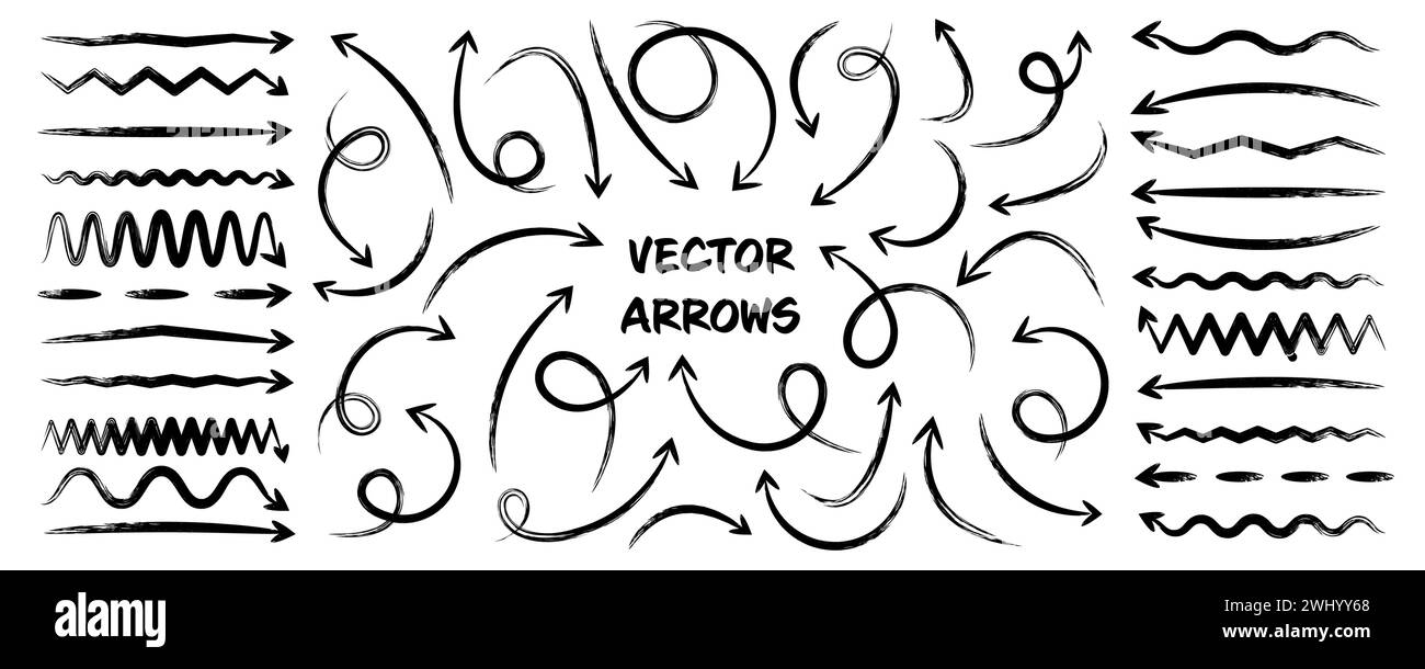 Grunge hand drawn arrows, highlighter lines. Marker stroke, brush pen ...