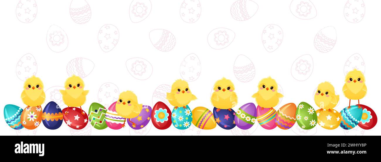Horizontal banner with Easter painted eggs and chickens. Easter ...