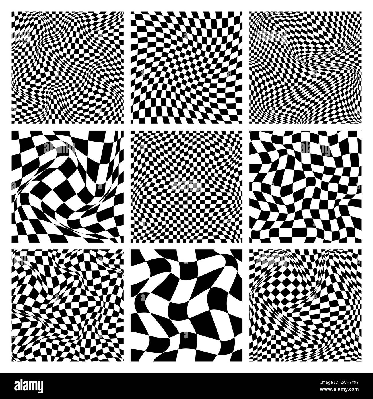 Trendy checkered pattern, black and white distorted tiled grid. Wavy curved backdrop, distortion ...