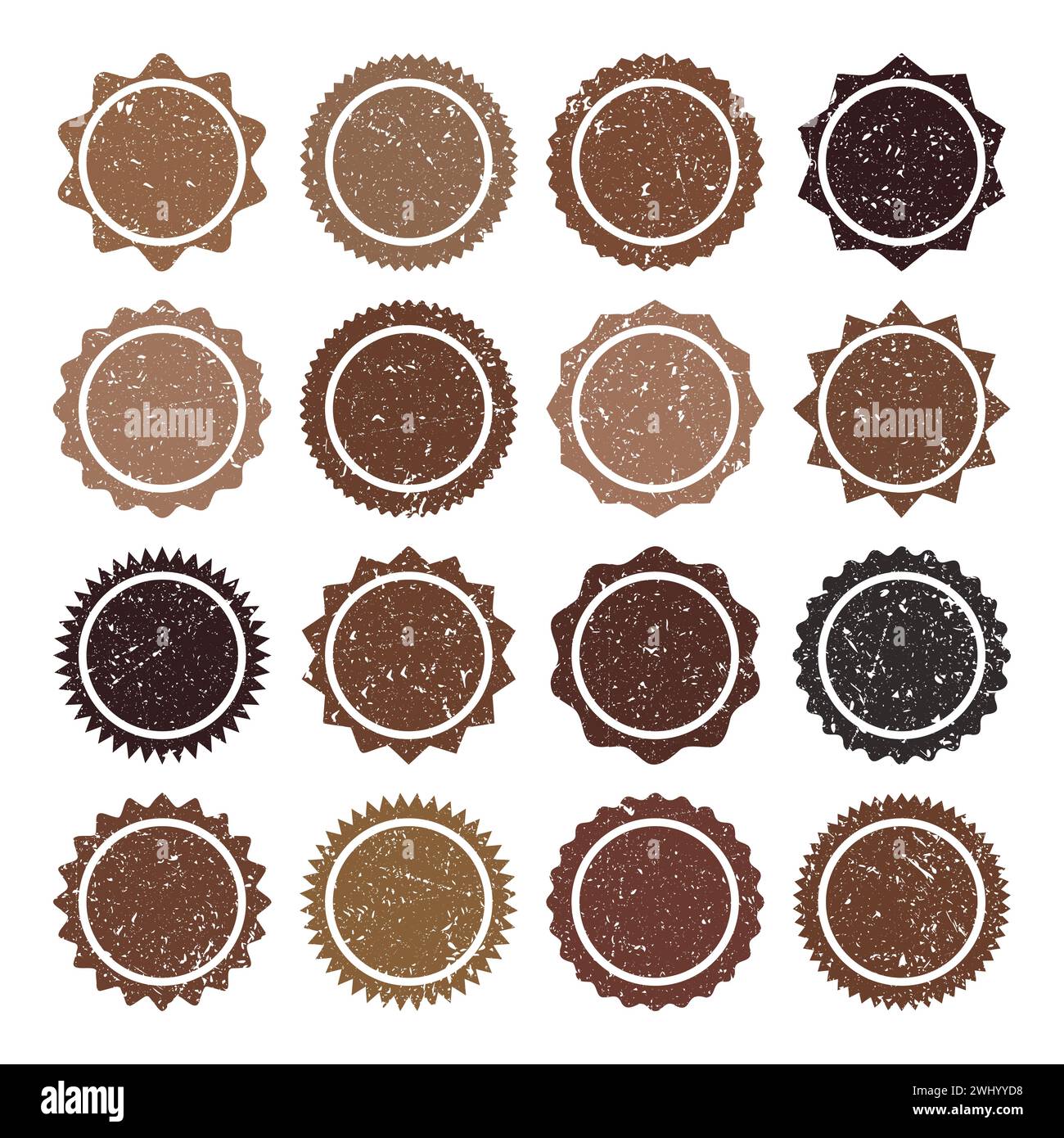 Post stamps, labels and badges. Grunge imprints and postmarks. Brown ...