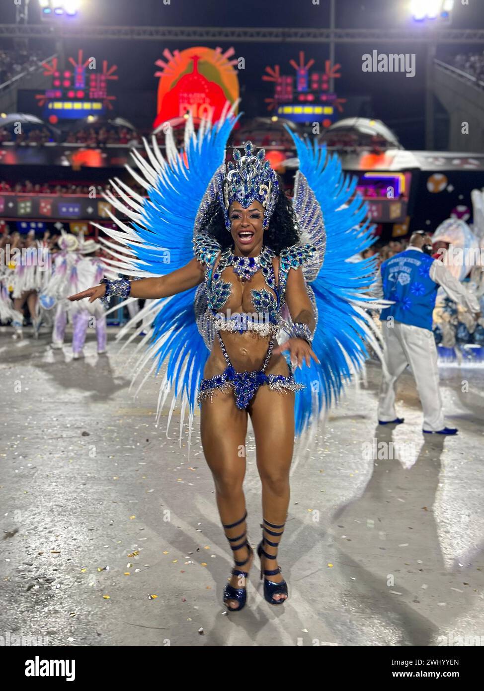 Rio De Janeiro, Brazil. 12th Feb, 2024. A performer from the Beija Flor samba school dances ...