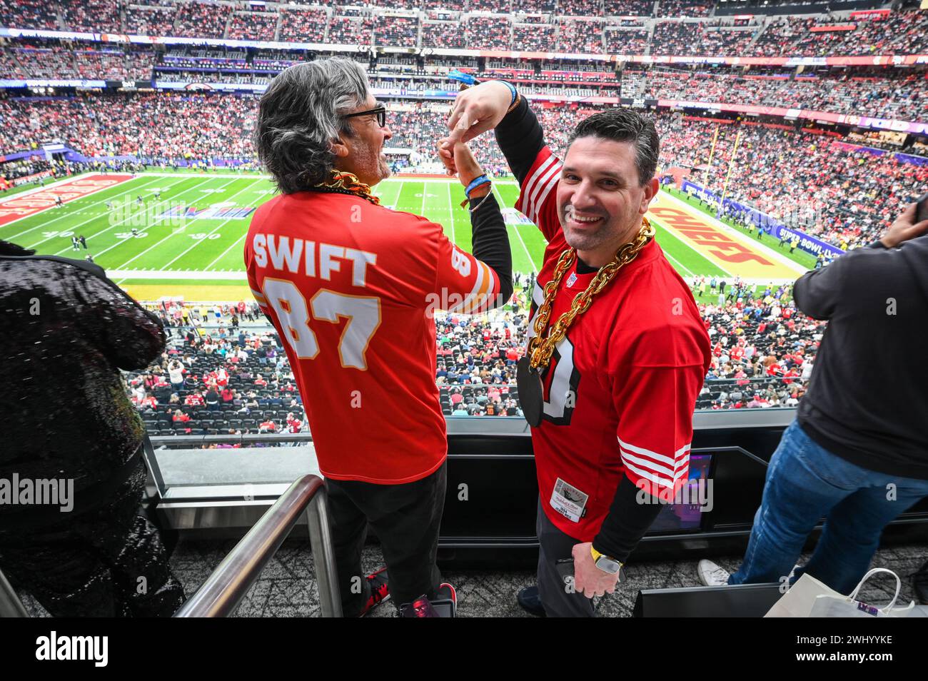 A fan wearing a “Taylor Swift” jersey at Super Bowl LVIII between ...