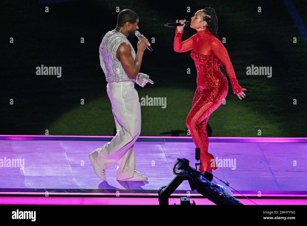 Alicia Keys performs with Usher during the Apple Music Halftime Show at Super Bowl LVIII ...