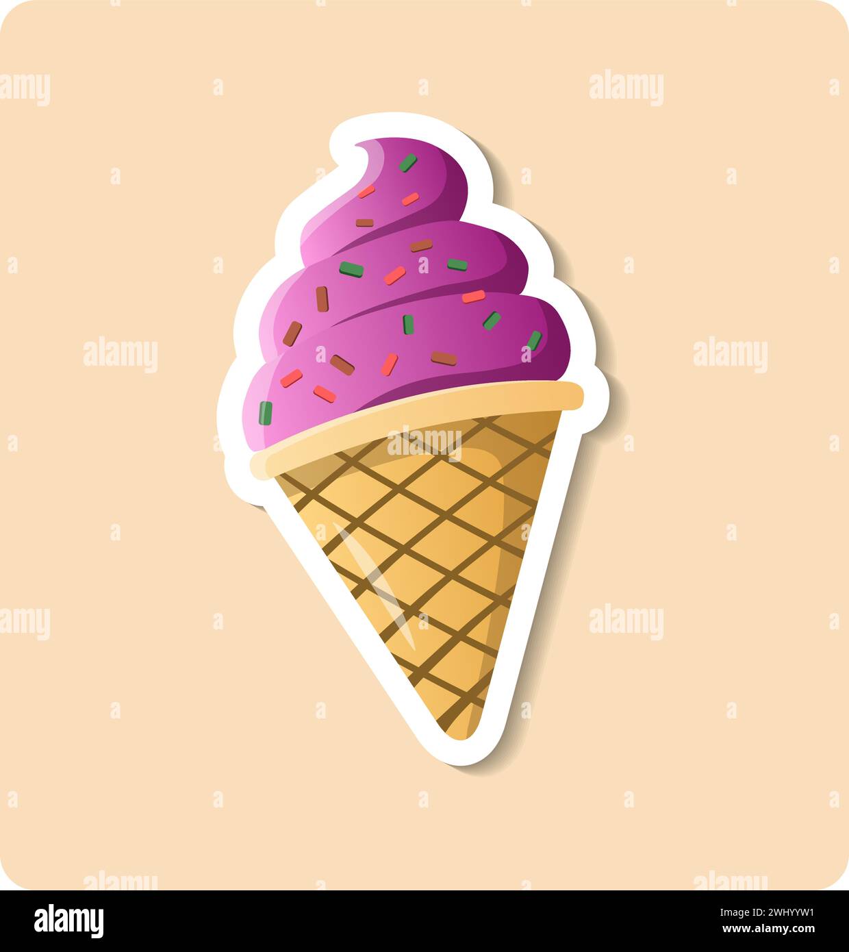 Ice cream sticker illustration. Horn, waffle, cream, topping. Editable ...