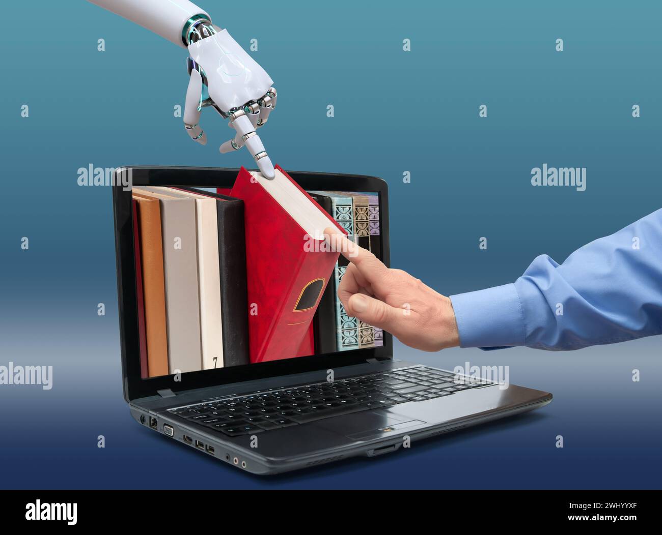 Open laptop with books on screen, human and robot hands touching the ...