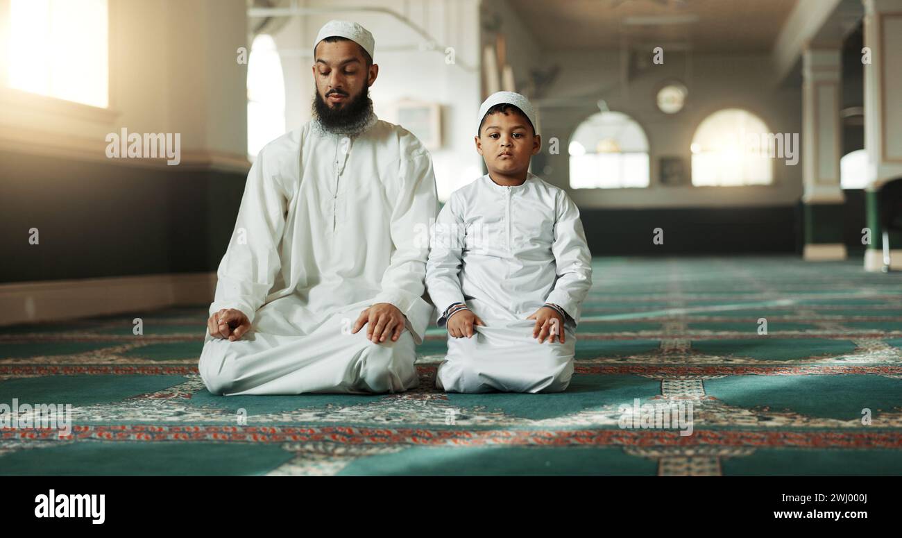 Muslim, praying and father with child in Mosque for spiritual religion ...