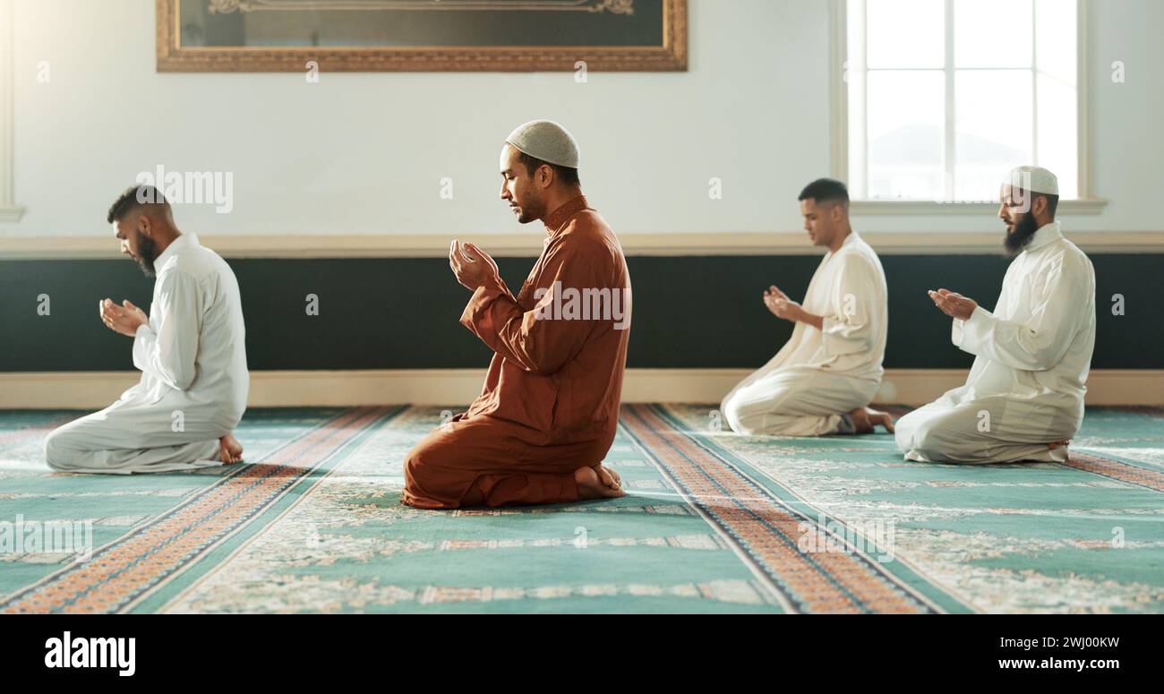 Islamic, praying and holy men in a Mosque for spiritual religion ...