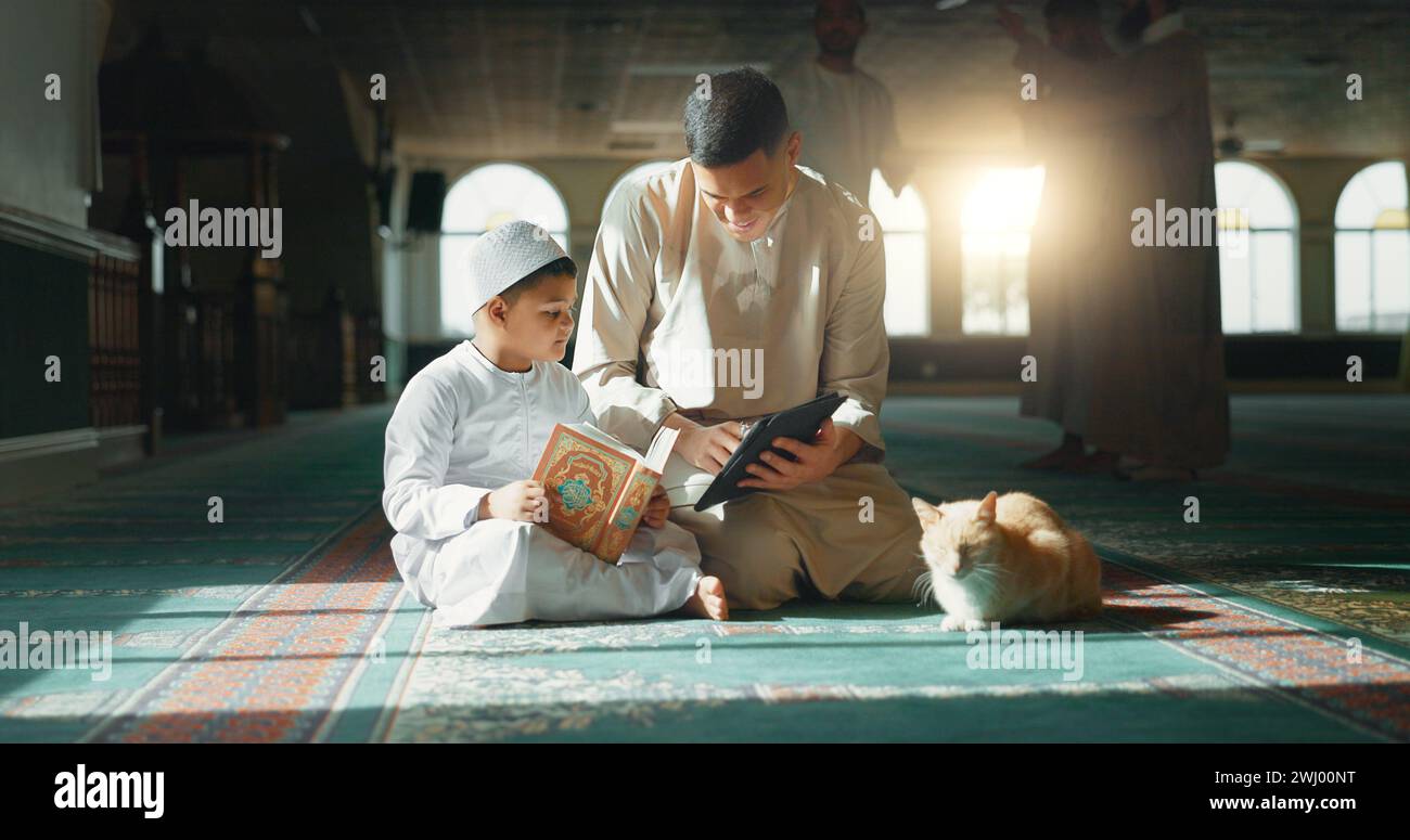 Quran, child and man teaching in a mosque for praying, peace and ...