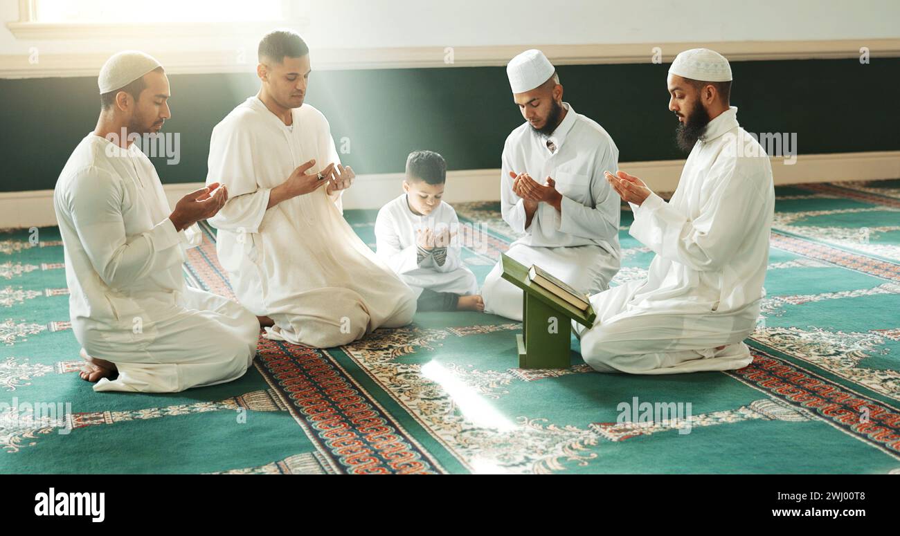Muslim, praying and men with child in Mosque for spiritual religion ...