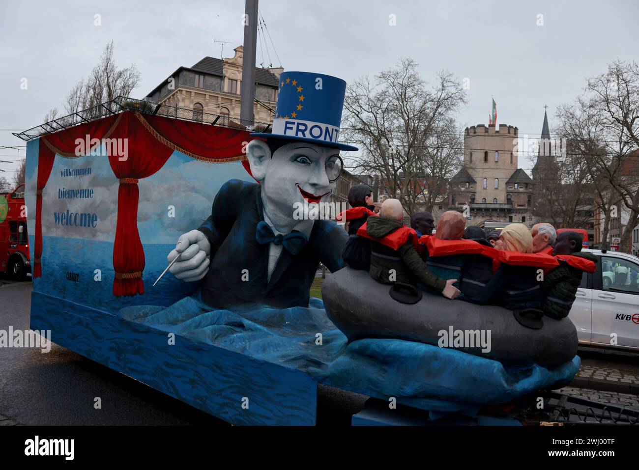 Cologne, Germany. 12th Feb, 2024. A float on the theme of Frontex and ...