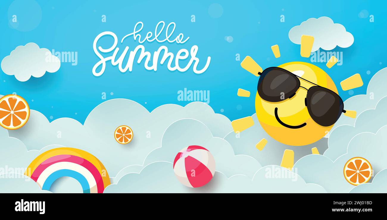 Summer hello papercut vector design. Hello summer greeting text with ...
