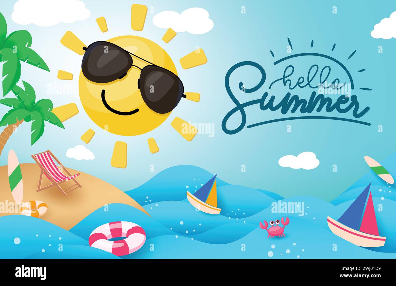 Hello summer greeting vector design. Summer hello greeting text with happy spilling sun in beach ...
