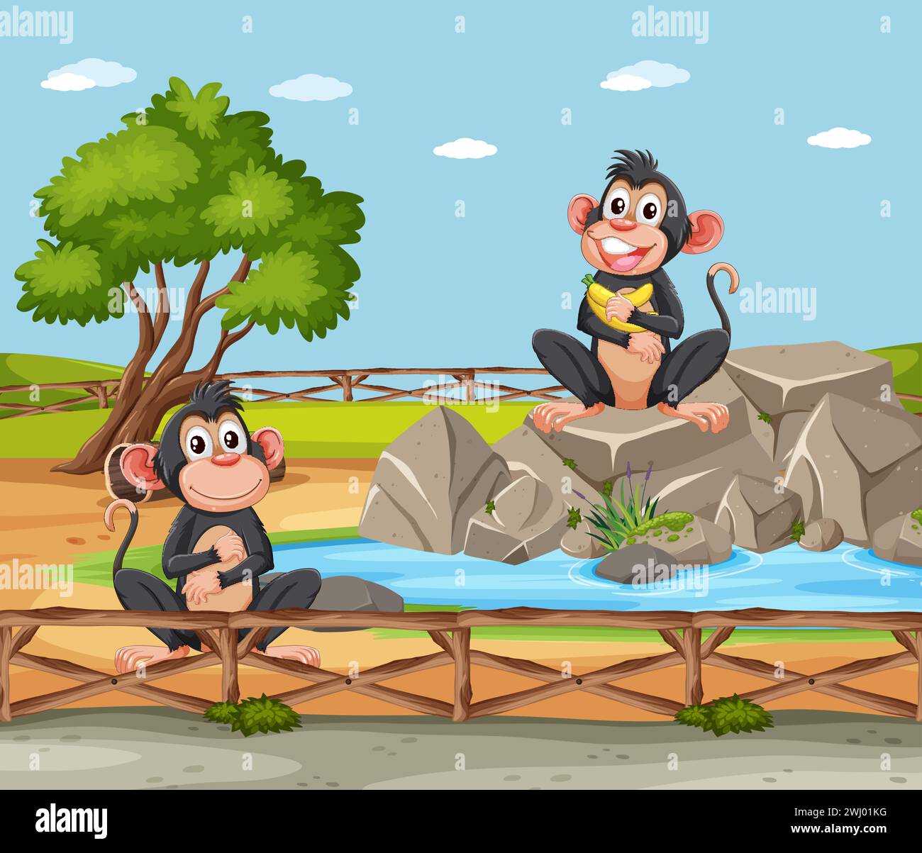 Two cartoon monkeys relaxing by a river scene Stock Vector Image & Art ...