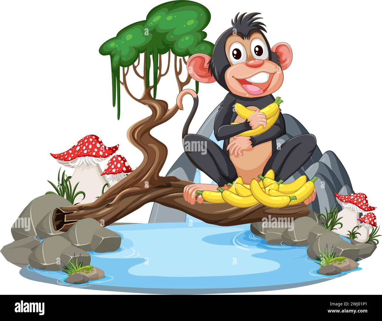 Cheerful monkey sitting on a rock with bananas Stock Vector Image & Art ...