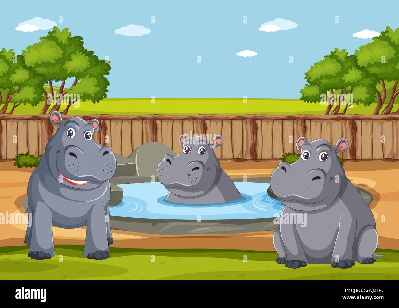 Three cartoon hippos by a water pond Stock Vector Image & Art - Alamy