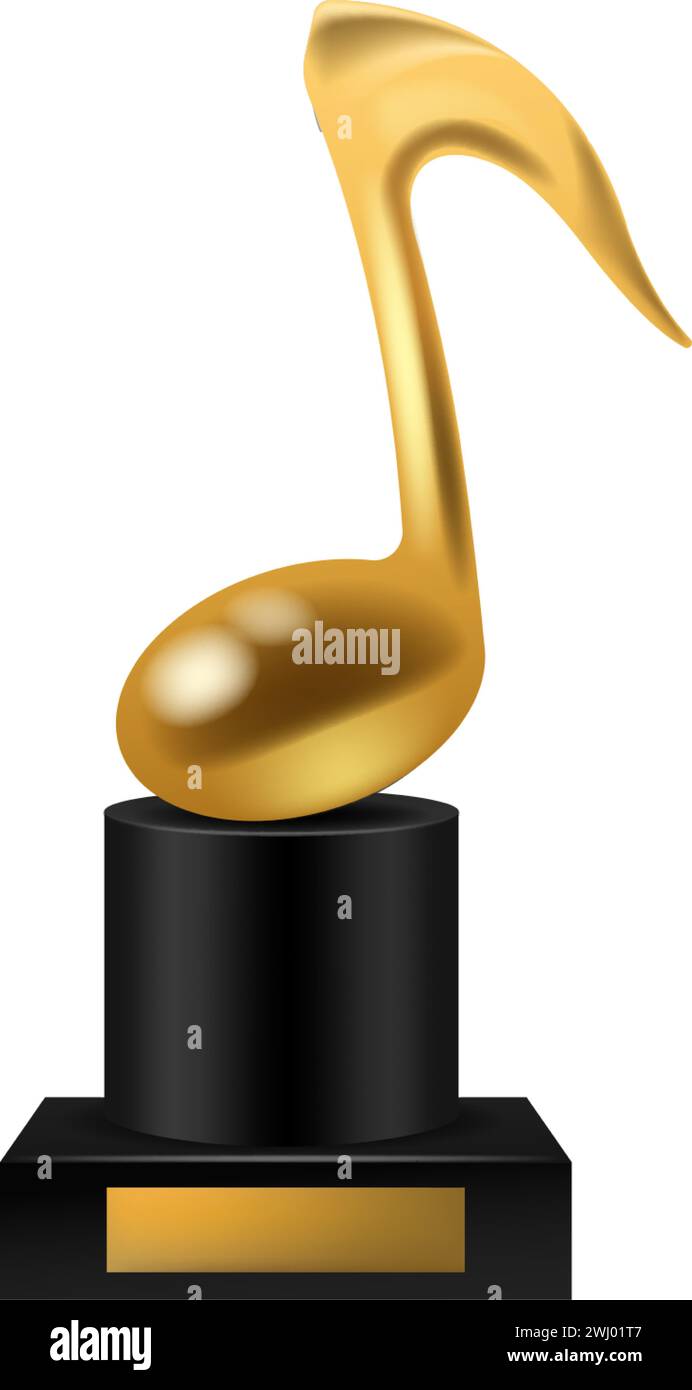 Realistic golden trophy prize. Music winner cup. Gold award with note ...