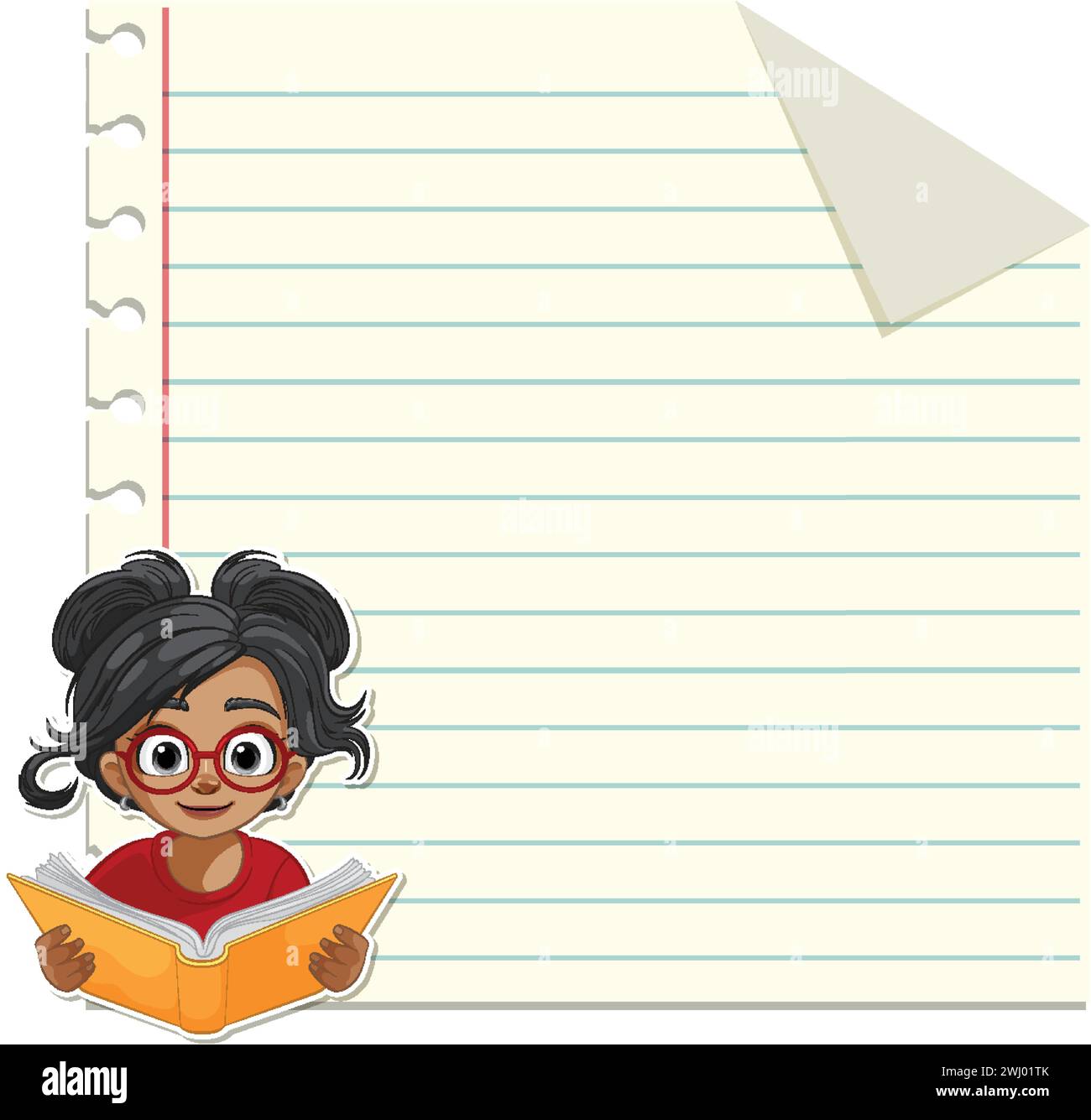 Cartoon girl reading book with lined paper backdrop Stock Vector Image ...