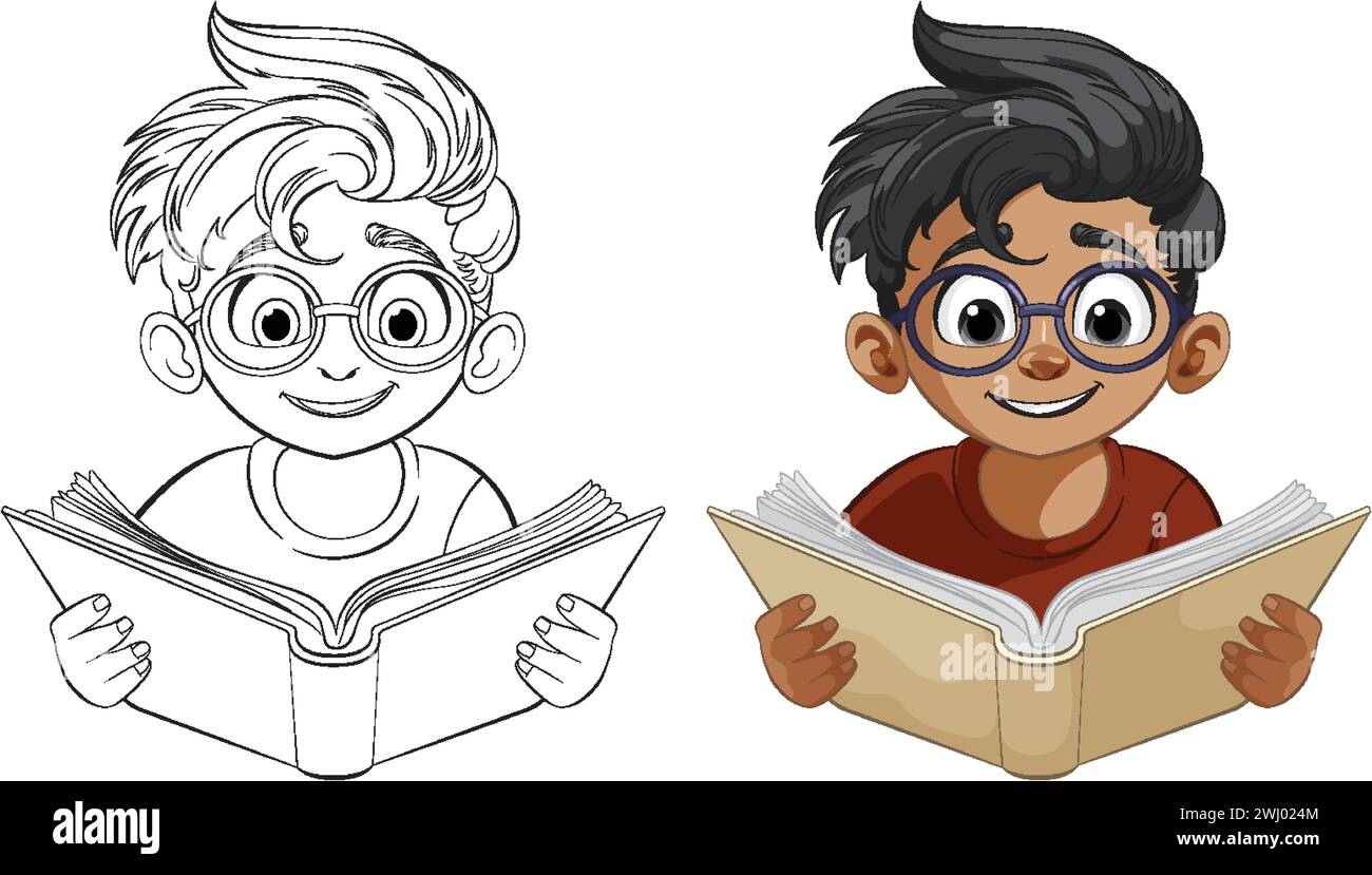 Two cartoon children happily reading open books Stock Vector Image ...