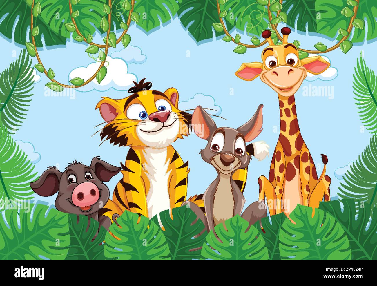 Cartoon animals smiling in a lush jungle setting Stock Vector Image ...