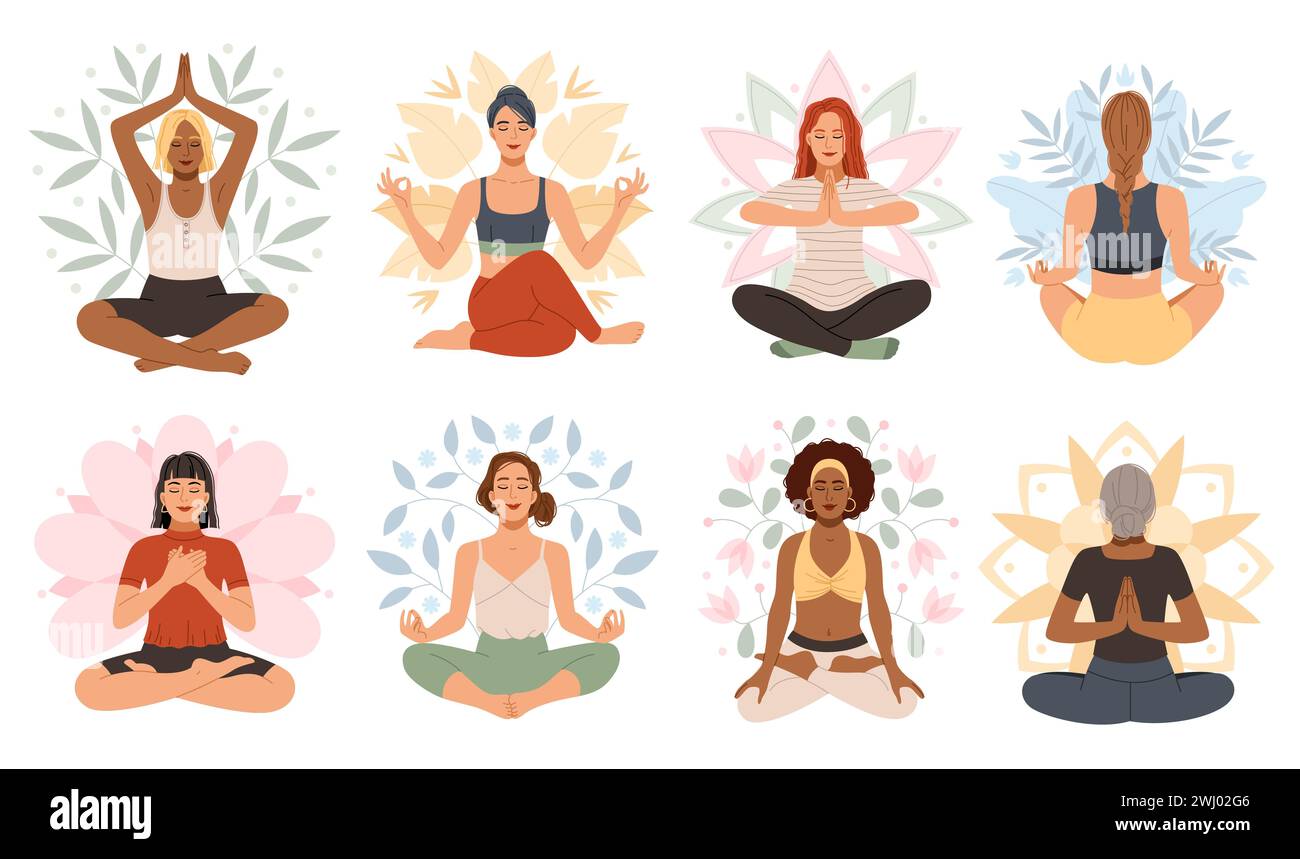 Happy meditate women. Yoga lotus position, sitting in asana, relaxed ...
