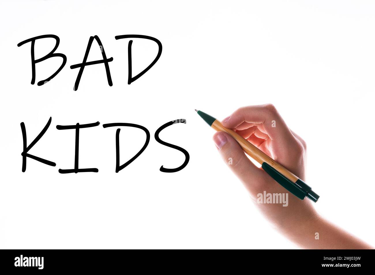 Children hand with pen write on an blue white background. Writing hand ...