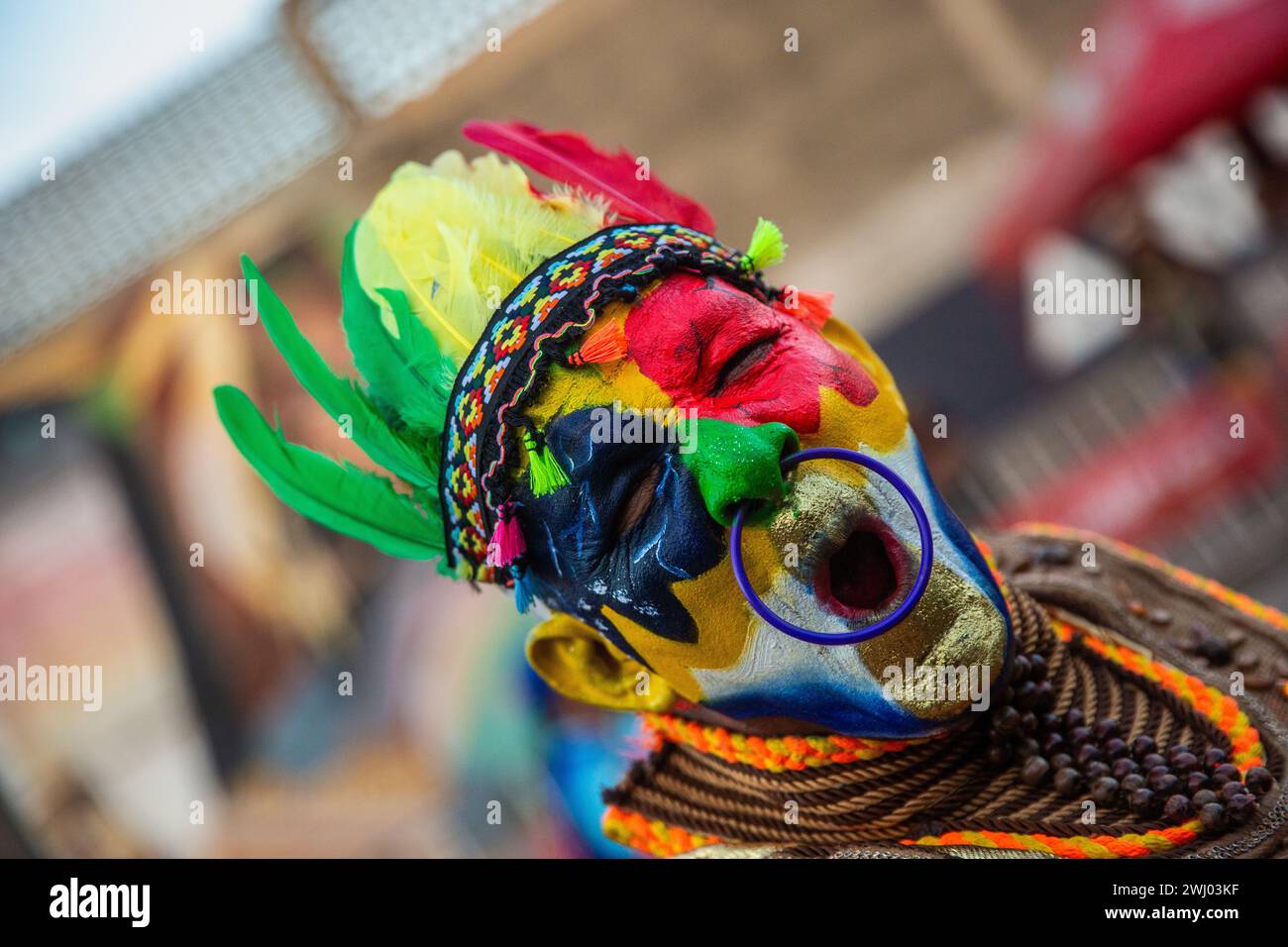 A man with his face painted as the indigenous tradition takes part ...