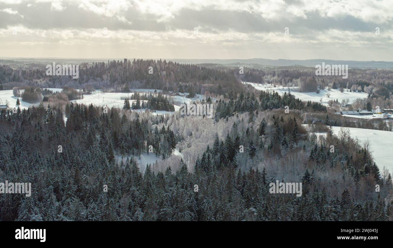 An aerial view of the wild winter snow-clad peaks and mosaic landscape ...