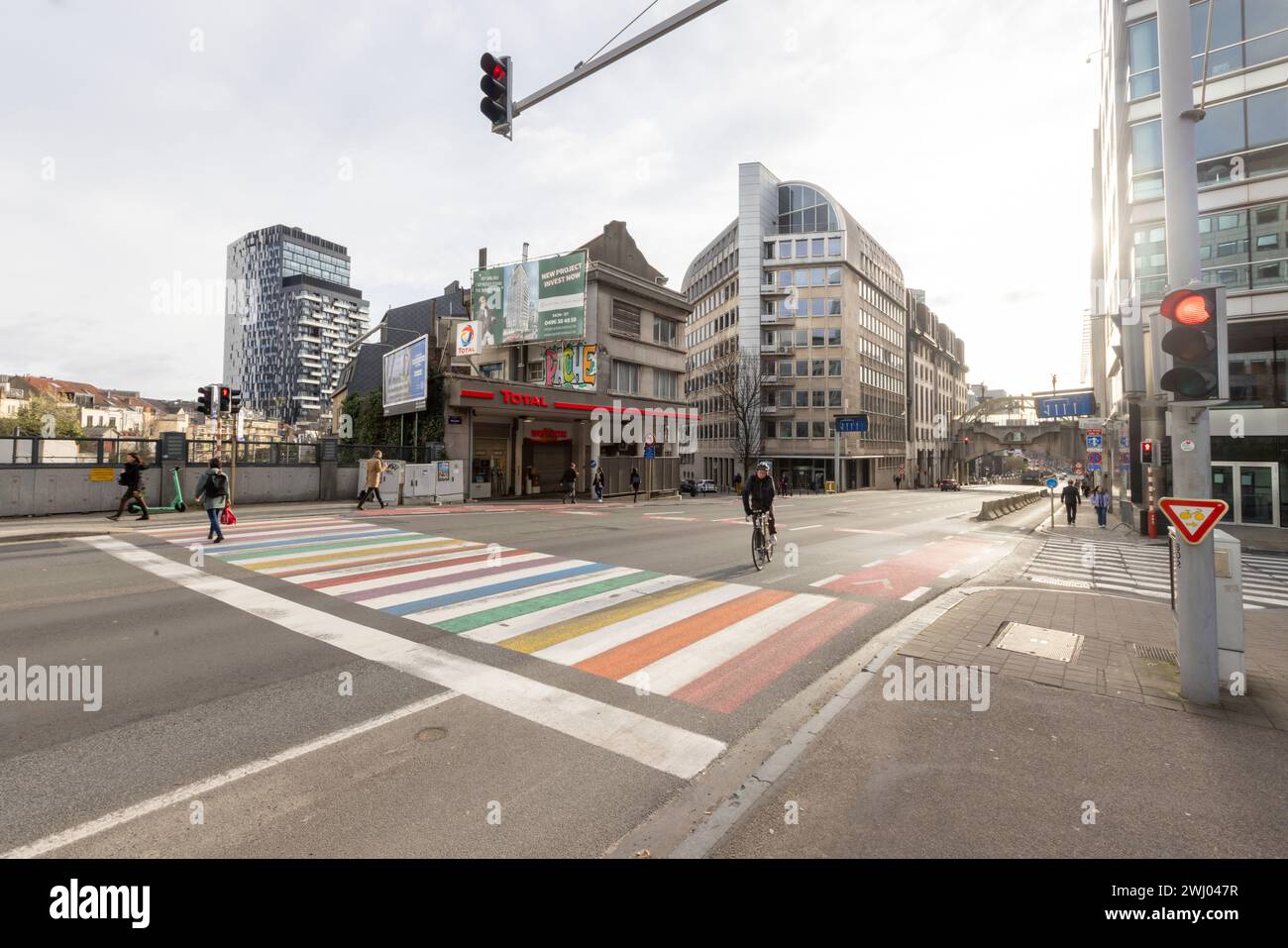 A pedestrian crossing in Brussels EU area with vibrant LGBT rainbow ...