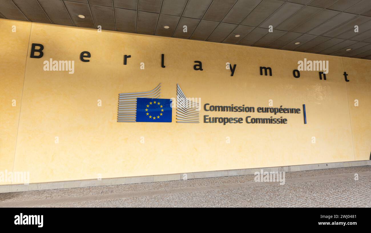 The EU Commission building entrance with name and logo Stock Photo - Alamy