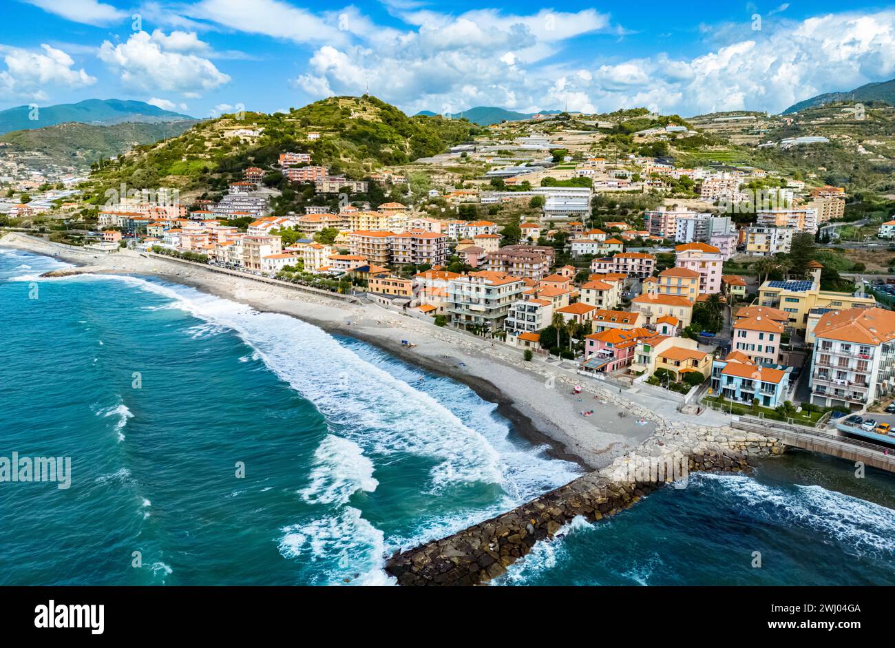 Aerial view of Riva Ligure on the Italian Riviera in the province of ...