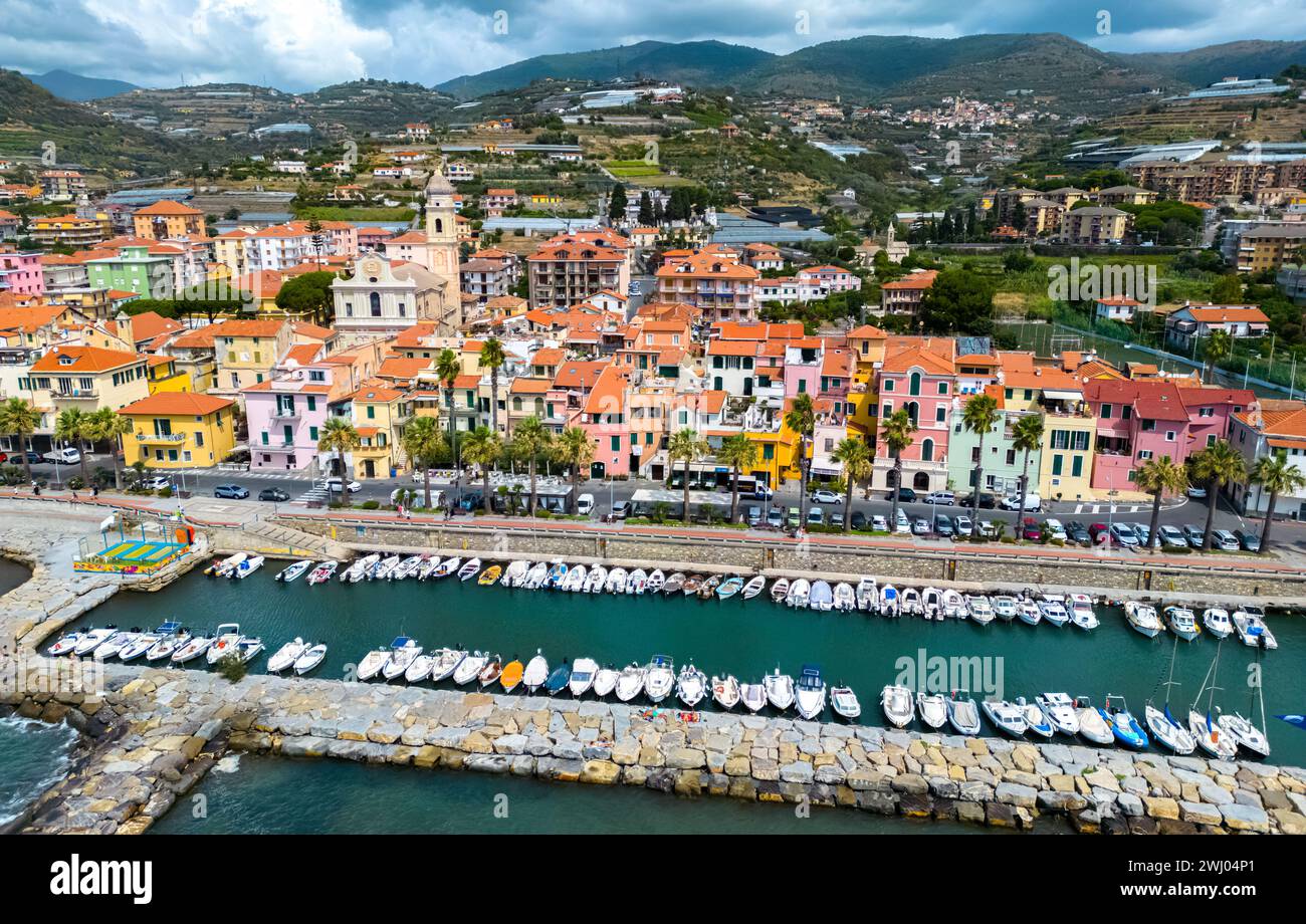 Aerial view of Riva Ligure on the Italian Riviera in the province of ...