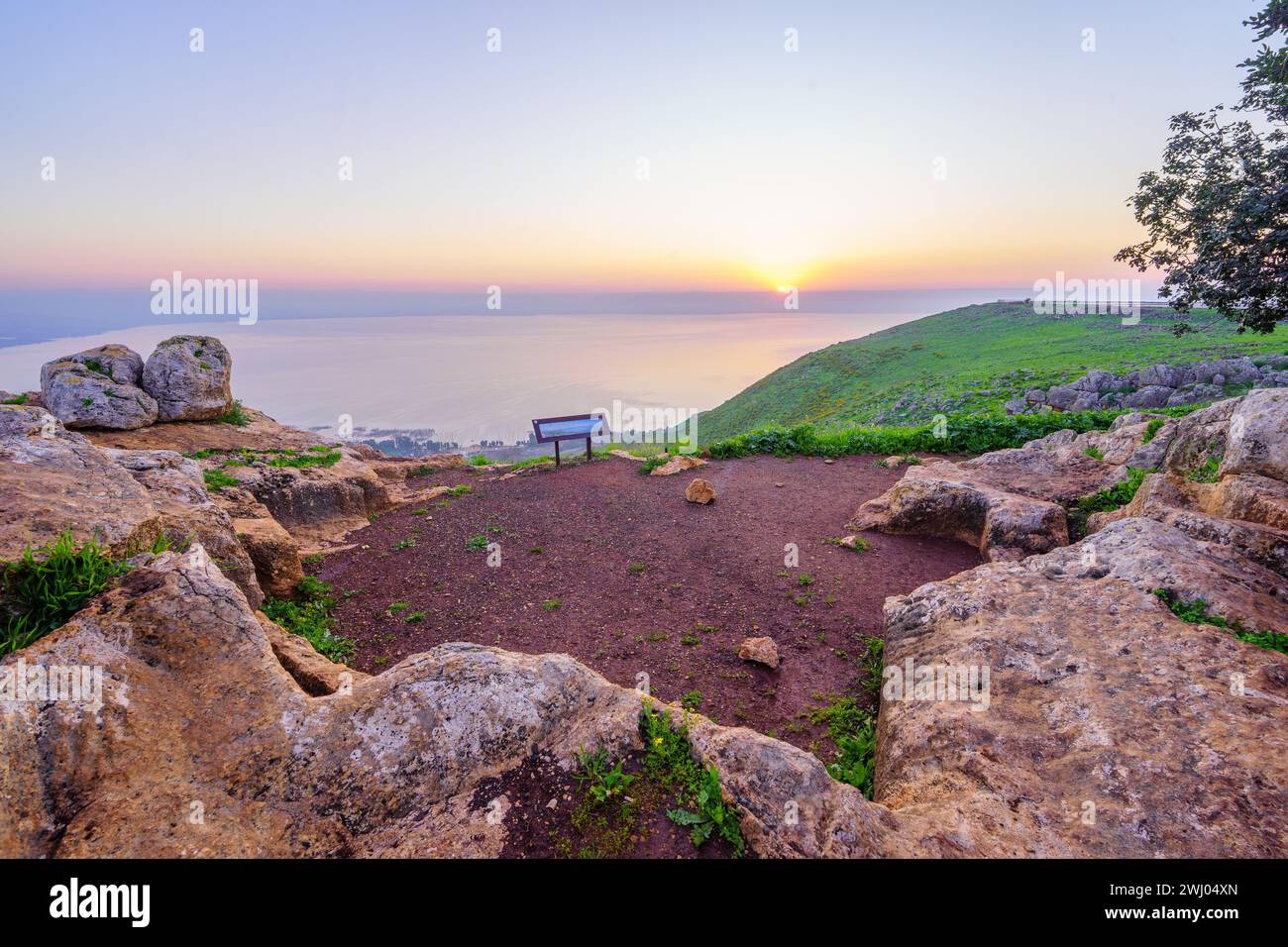 Sunrise view of the Sea of Galilee, from Mount Arbel (west side ...