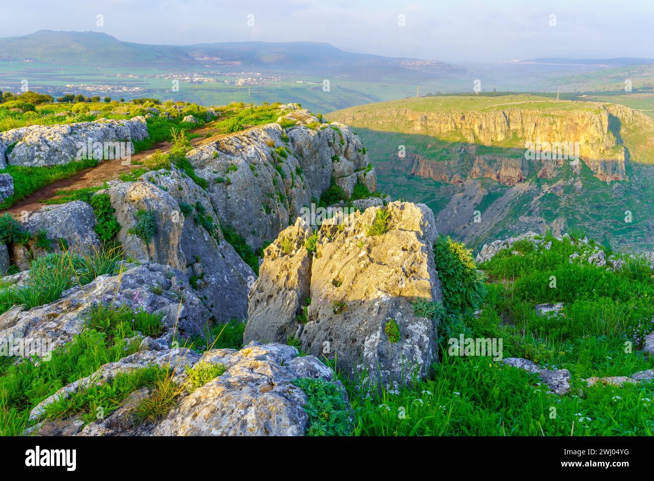 Landscape of rocks, cliffs, footpath, and winter wildflowers, in Mount ...