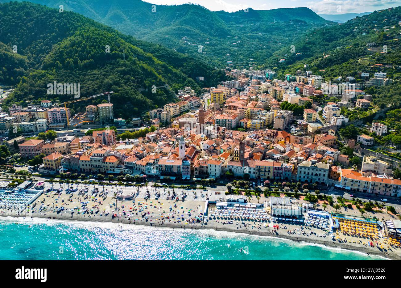 Aerial view of Noli on the Italian Riviera in the province of Savona ...