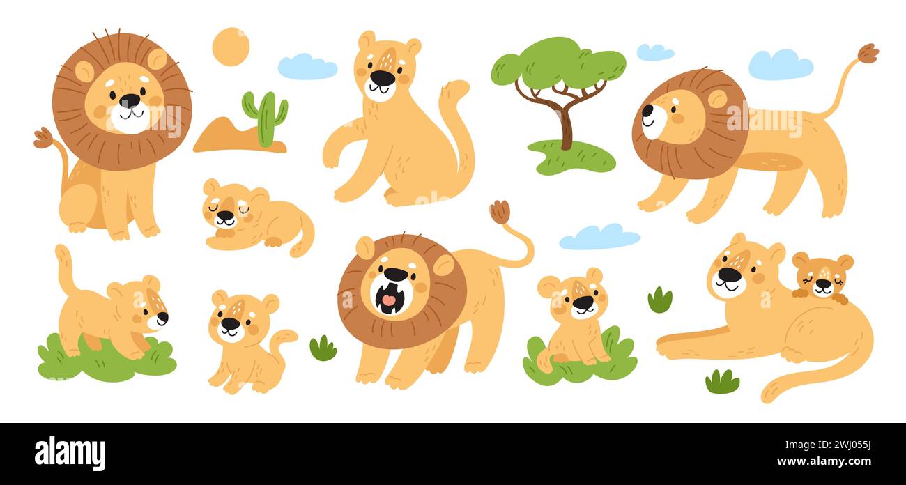 Cartoon cute lions. Funny wild animals pride. King of beasts. Lionesses ...