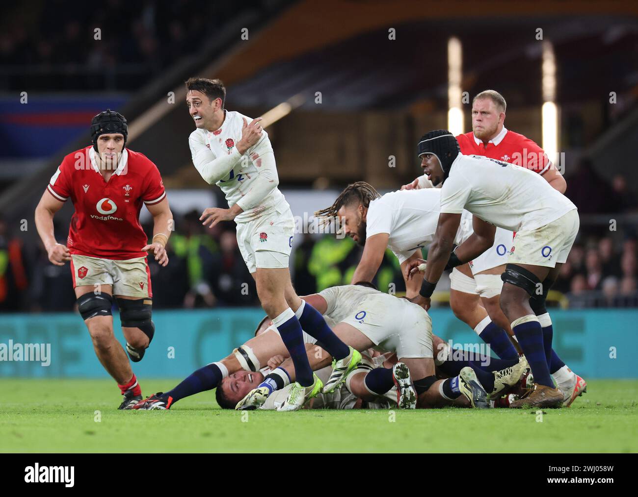 L-R Adam Beard (Ospreys)of Wales and England's Alex Mitchell ...