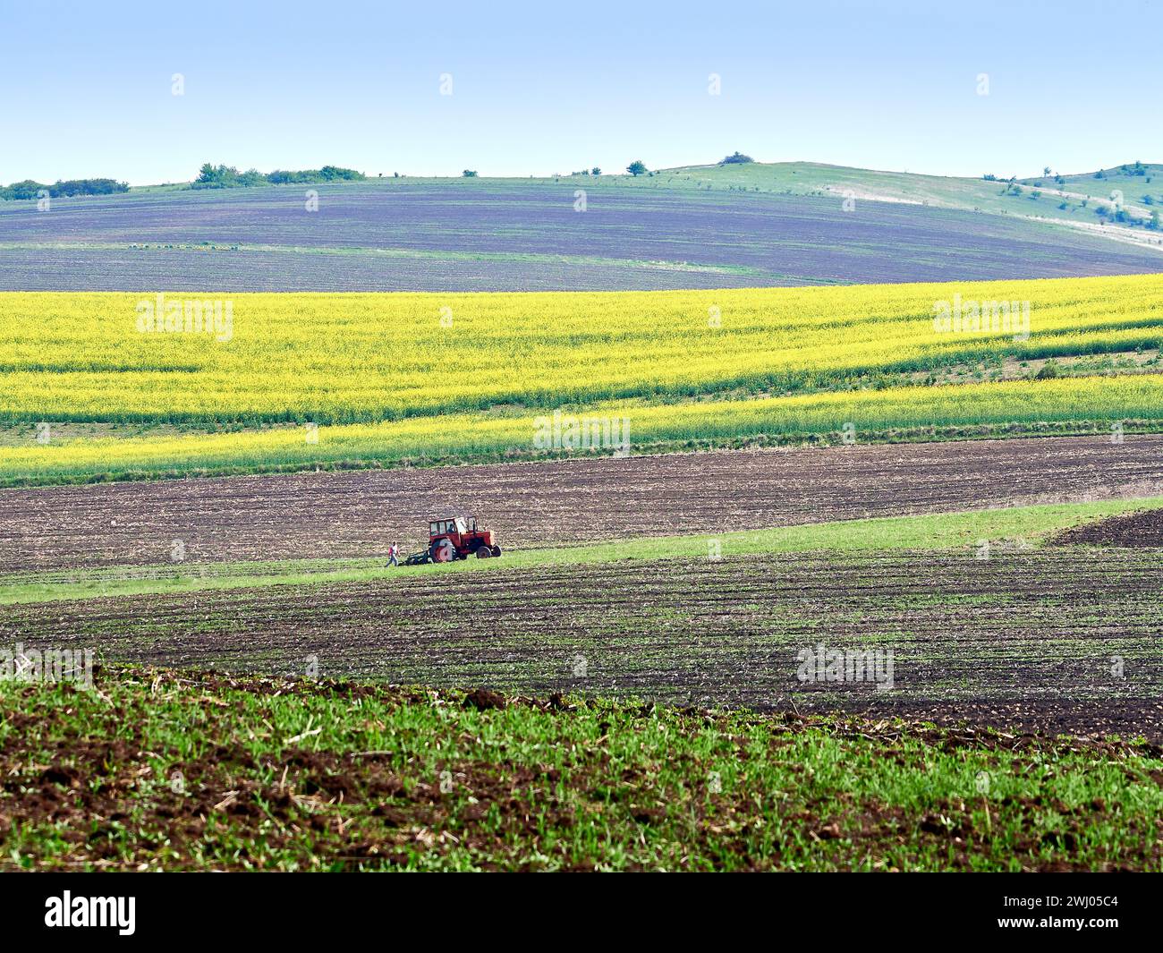 Tractor cultivating field at spring. Romanian picturesque landscape ...