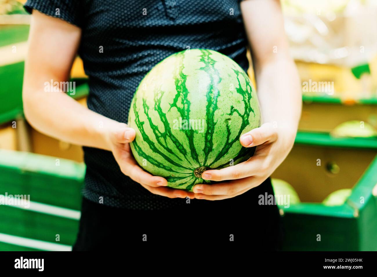 Hand is holding watermelon from supermarket shelf, close up photo Stock ...