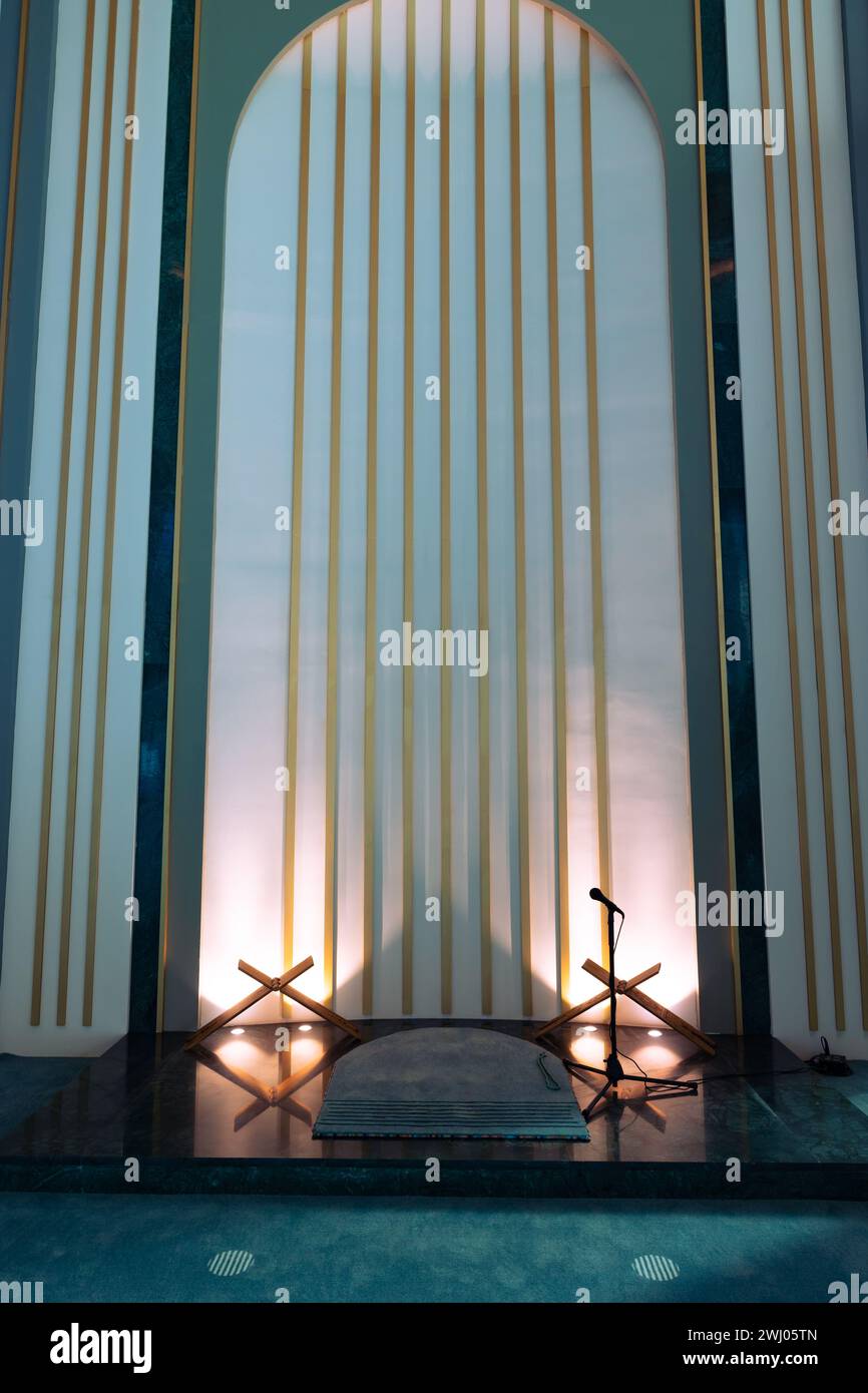 Mihrab of a modern mosque with microphone and book stands aka rahle in ...