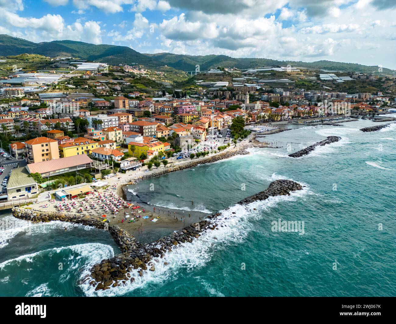 Aerial view of Riva Ligure on the Italian Riviera in the province of ...