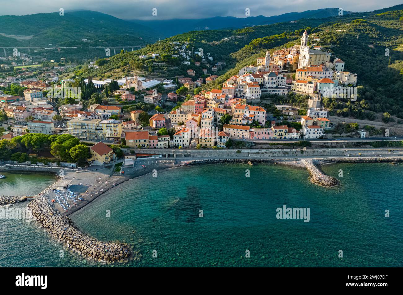 Aerial view of the village of Cervo on the Italian Riviera in the ...