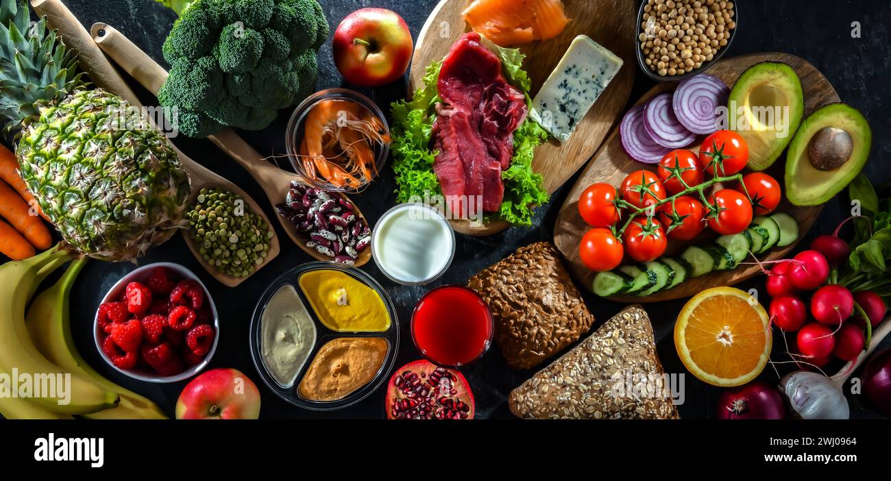A variety of food products representing balanced diet Stock Photo - Alamy