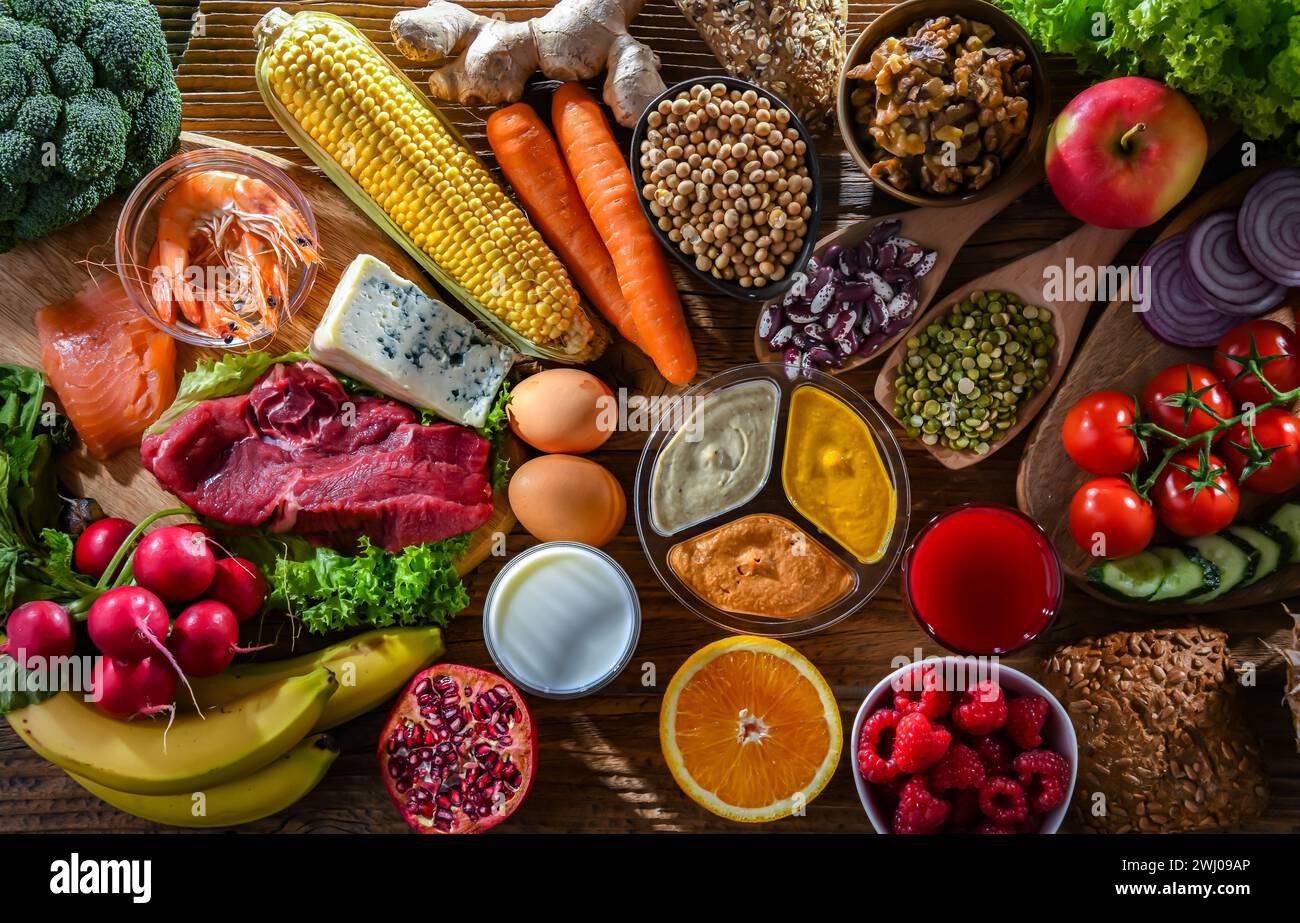 A variety of food products representing balanced diet Stock Photo - Alamy