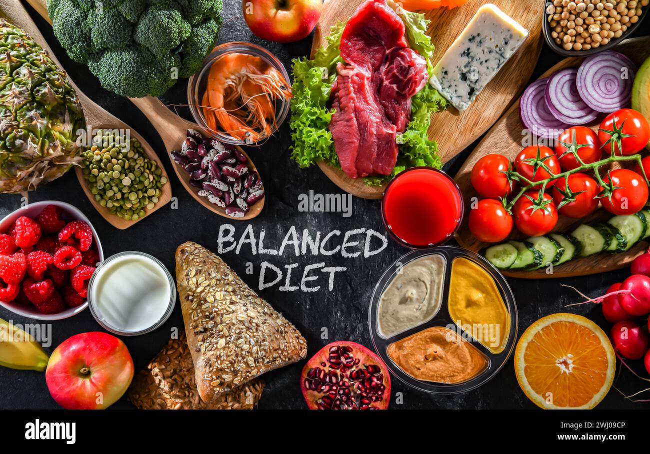 A variety of food products representing balanced diet Stock Photo - Alamy