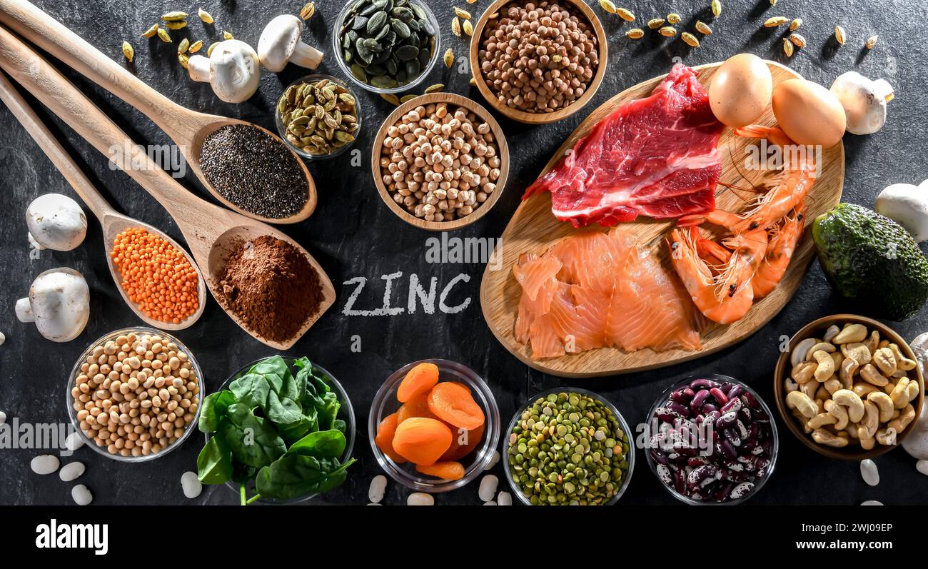Composition with food products rich in zinc Stock Photo - Alamy