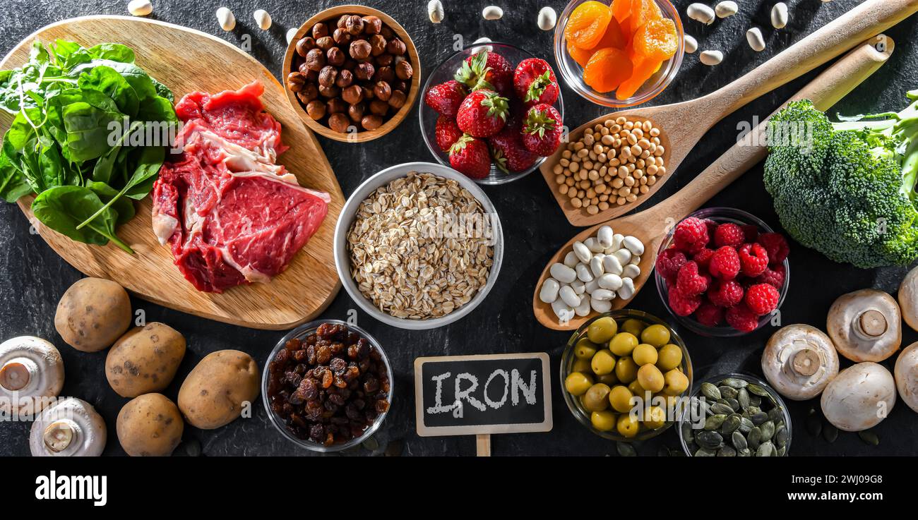 Composition with food products rich in iron Stock Photo - Alamy