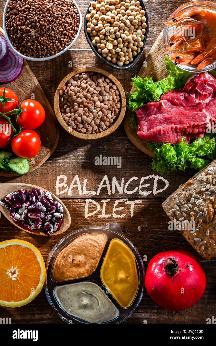 A variety of food products representing balanced diet Stock Photo - Alamy