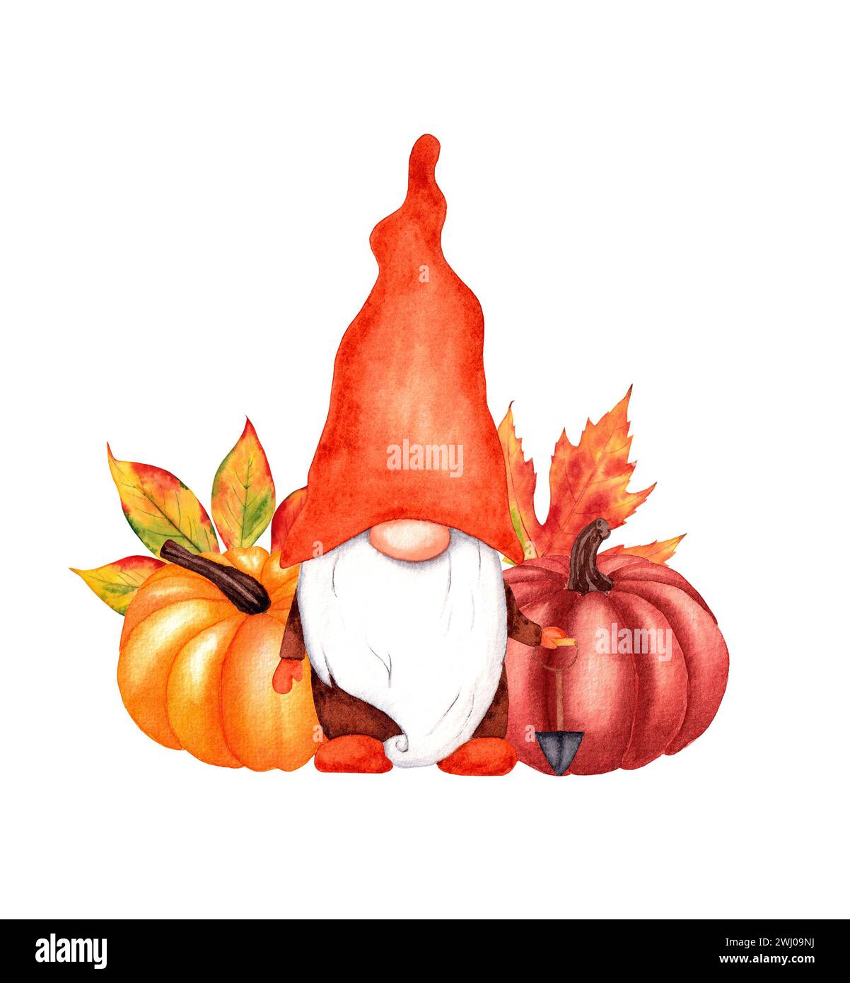 Watercolor illustration cute autumn gnome with pumpkins and leaves ...
