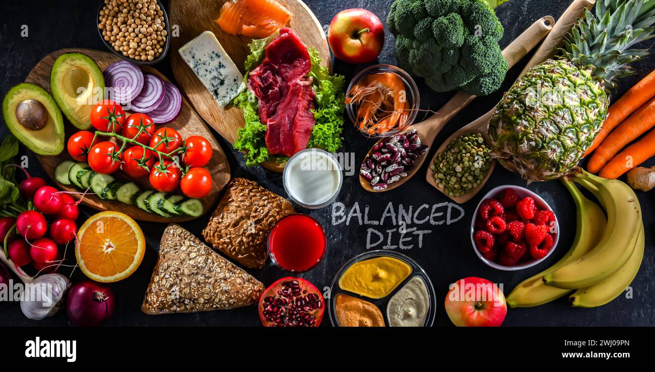 A variety of food products representing balanced diet Stock Photo - Alamy