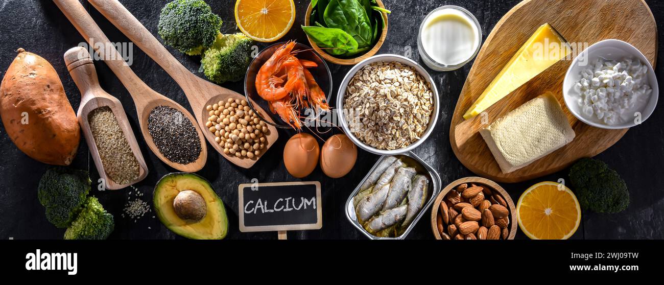 Composition with food products rich in calcium Stock Photo - Alamy